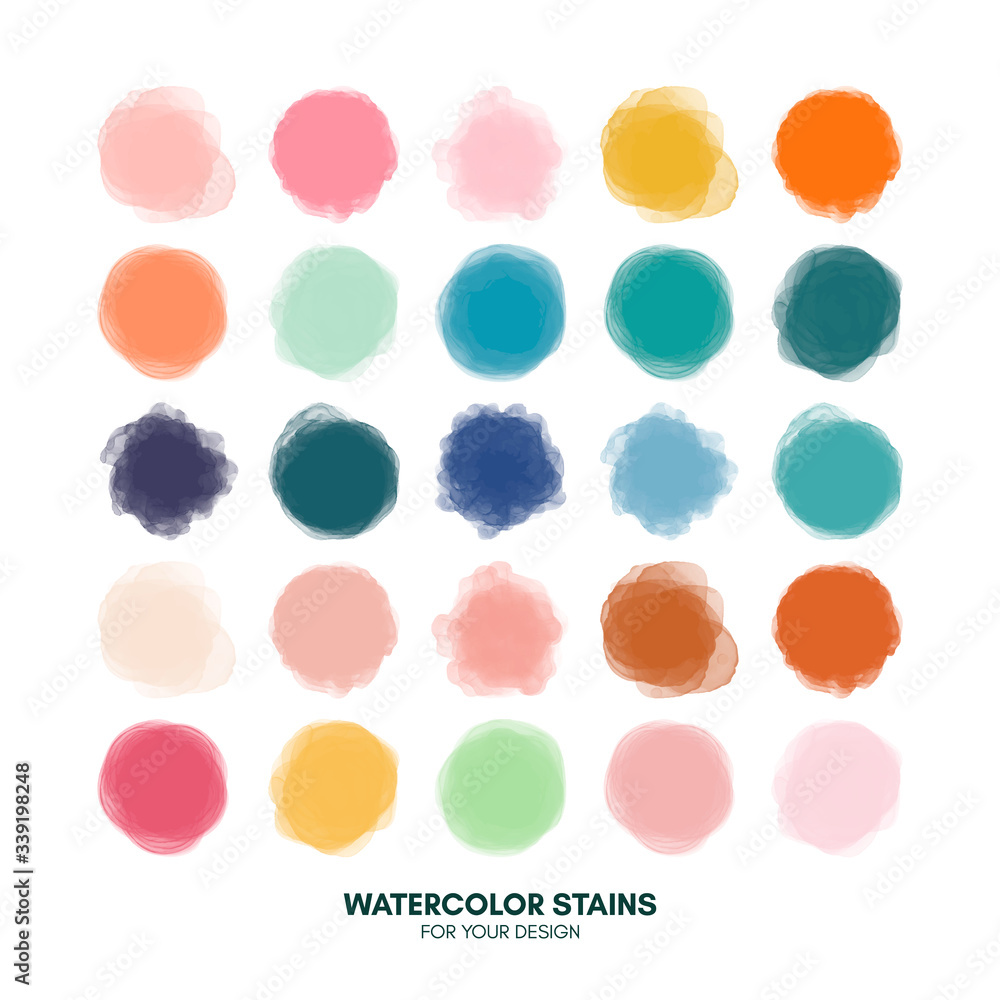 Set of colorful watercolor hand painted round shapes, stains, circles ...