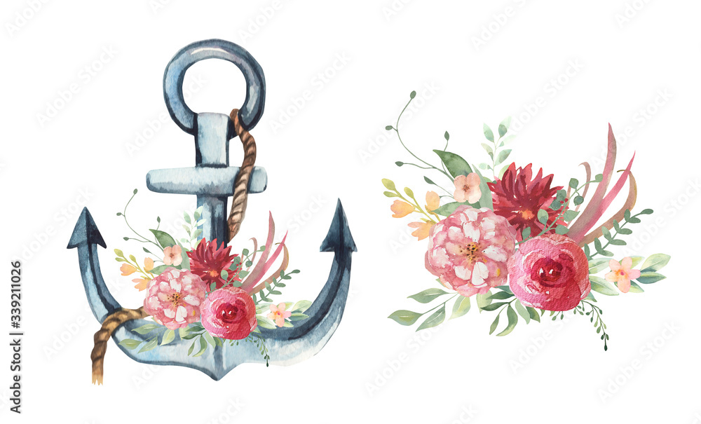 Watercolor floral illustration collection - flower and green leaf ...