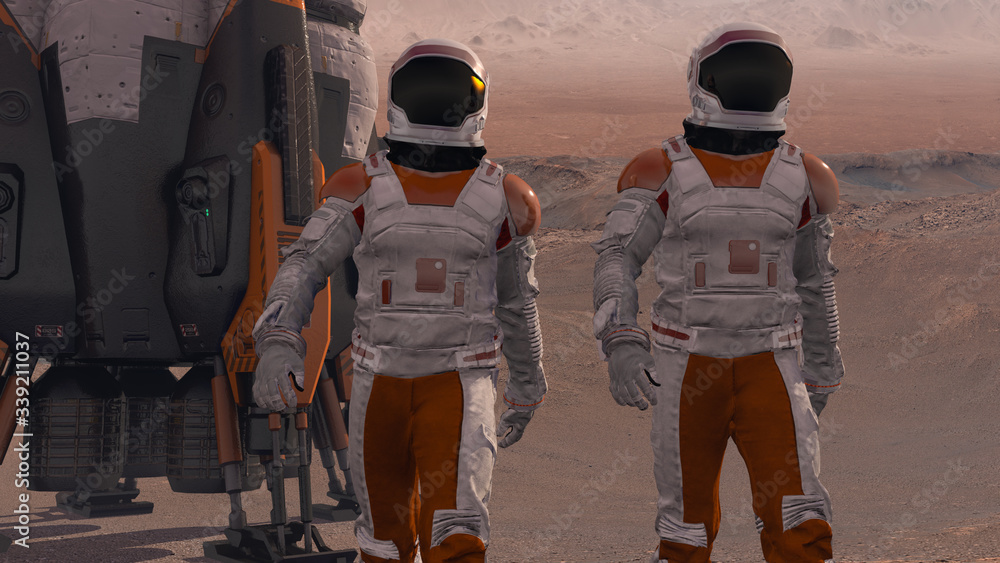 Astronaut Wearing Space Suit Walking On The Surface Of Mars. Exploring ...