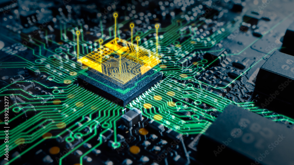 Close-up Macro Shot of Printed Circuit Board with Computer Motherboard ...