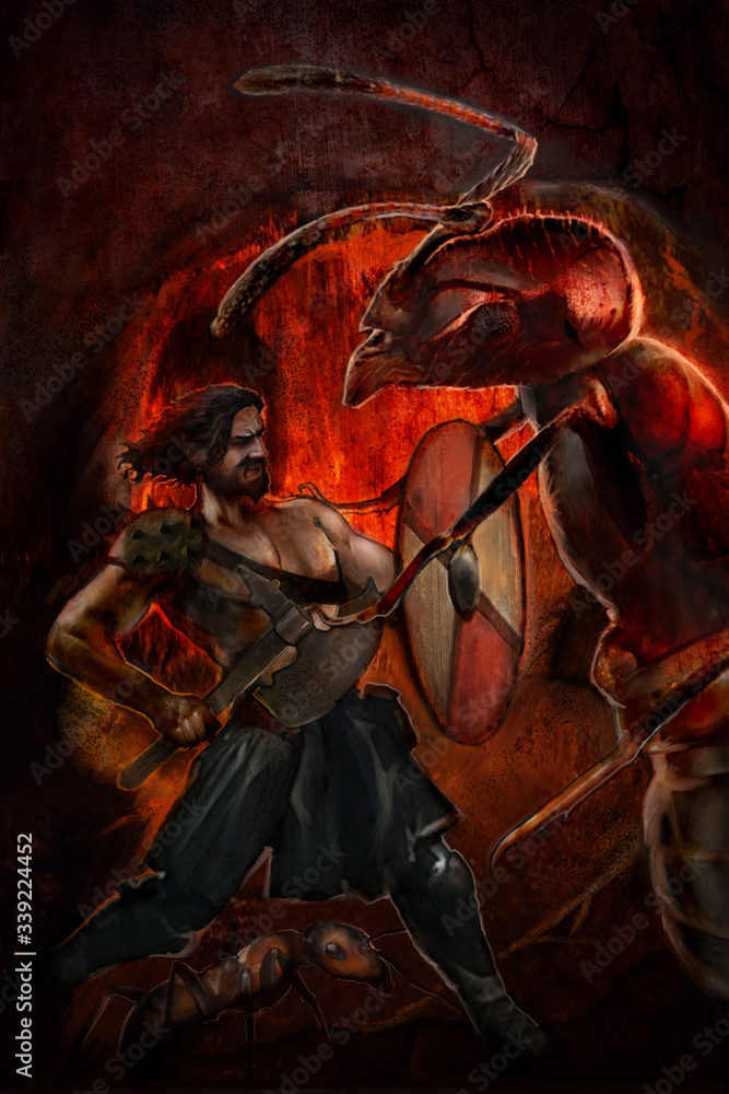 fantasy warrior fighting with giant ants Stock Illustration | Adobe Stock