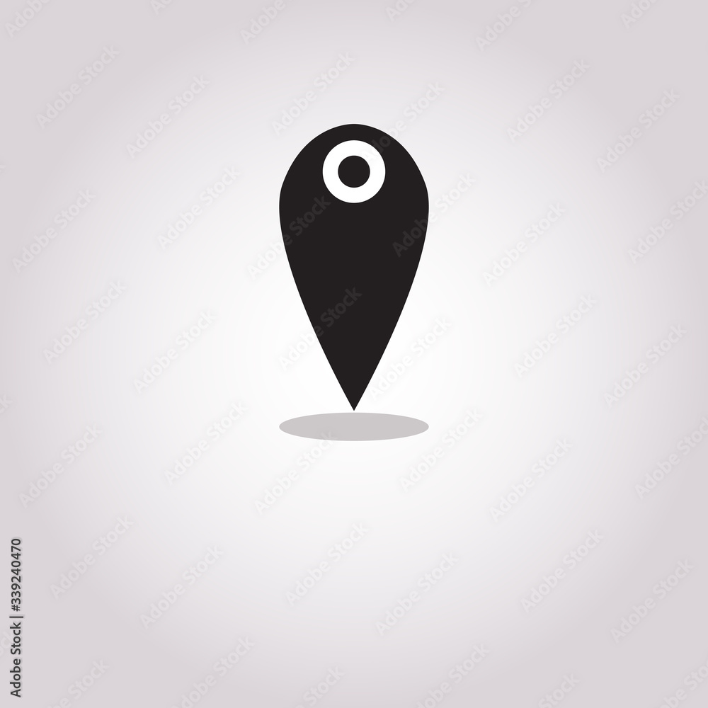 16 map pins sign location icon with ellipse gray gradient shadow in flat simple style. Black ...