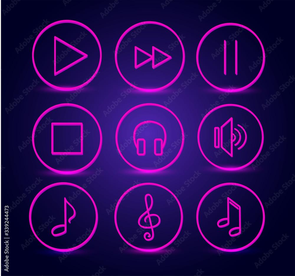 bright neon musical pink icons on a dark background Stock Vector ...