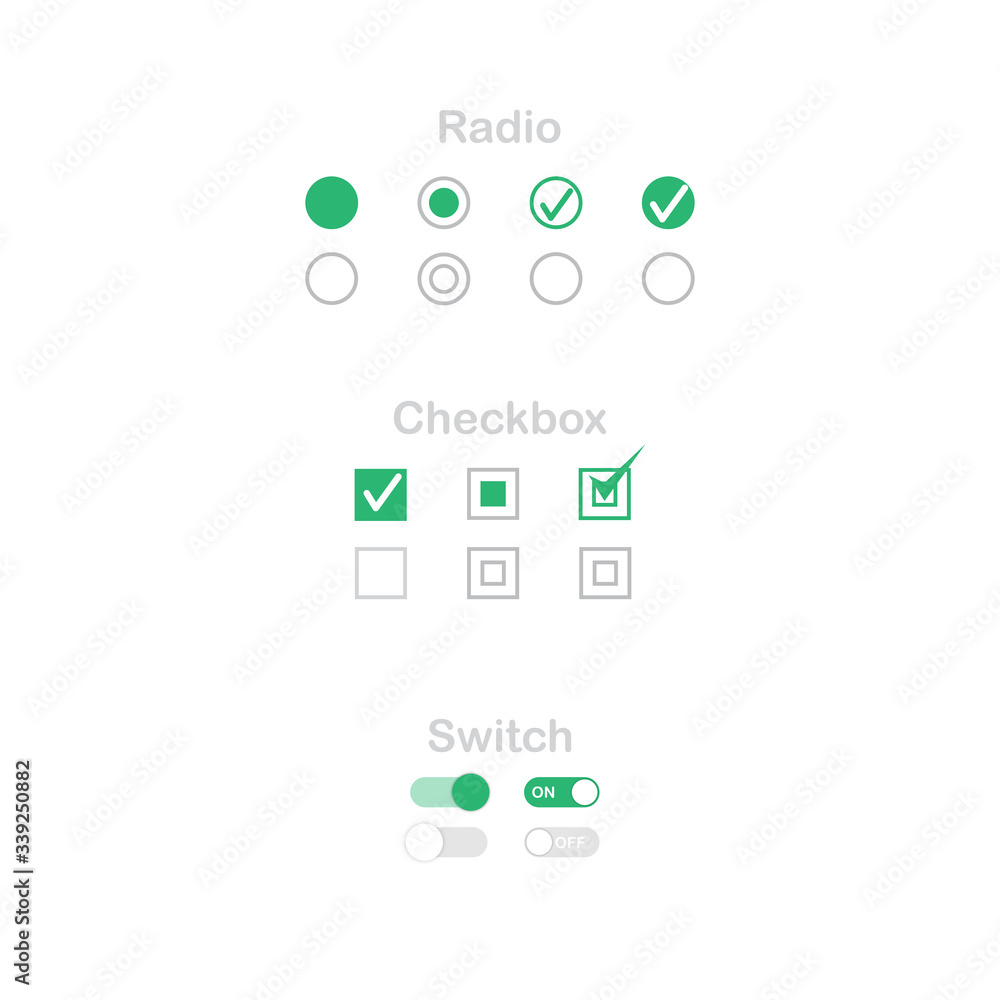 check mark icon set. Radio, checkbox and switch check mark used for choice between one of two ...
