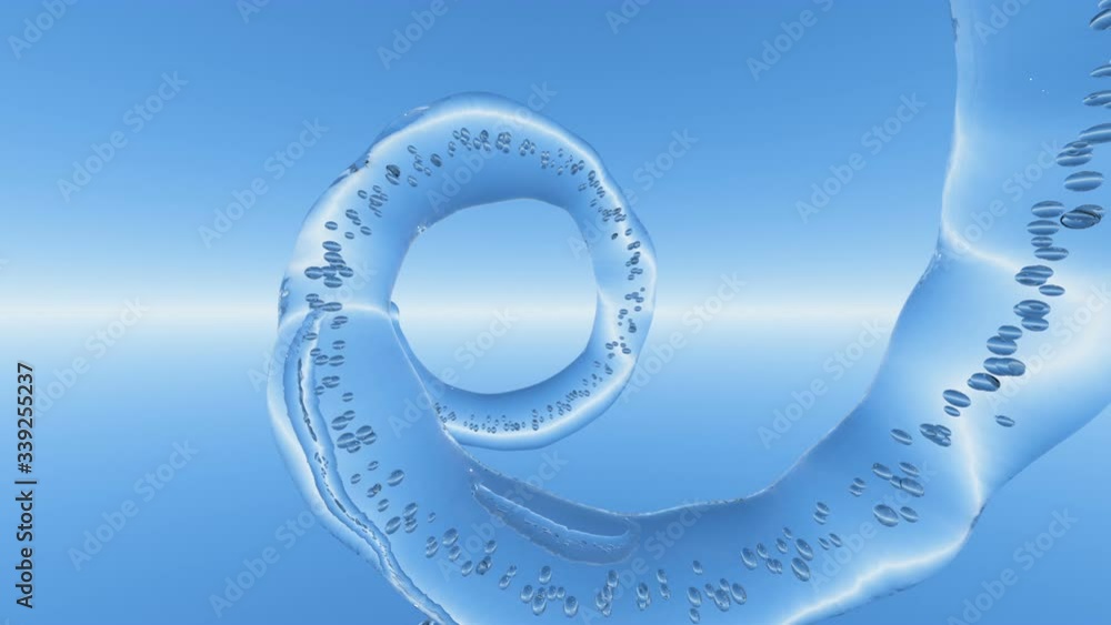 A stream of clear liquid rotates in the middle of space. The camera ...