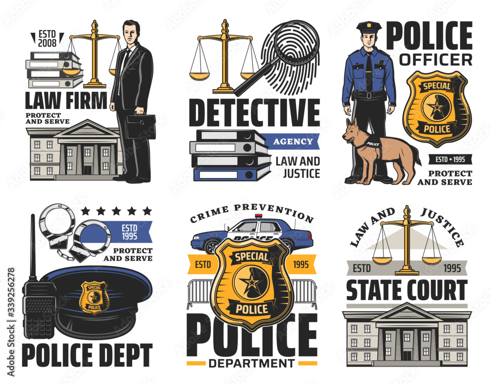 Justice, legislation and law vector icons, policeman with dog and ...