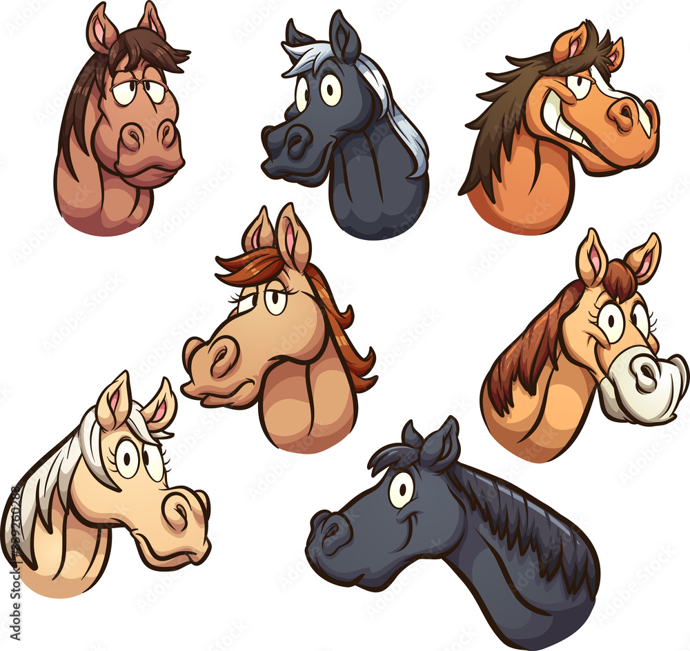 Cartoon male and female horse heads with different expressions. Vector ...