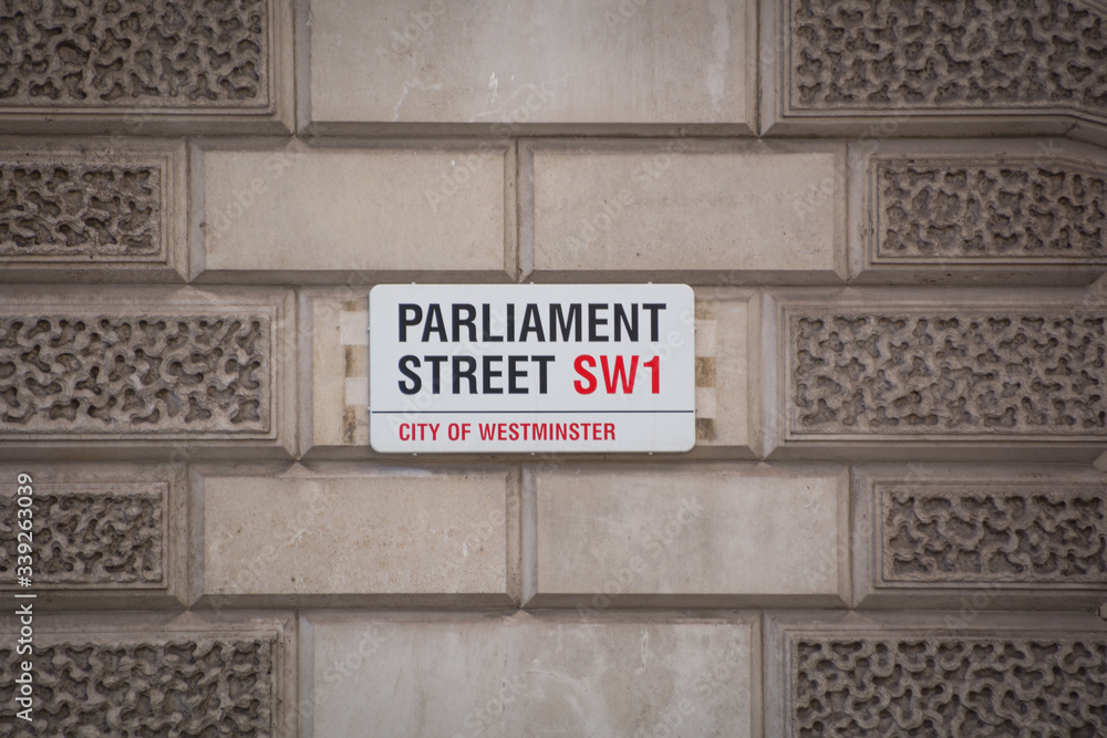 LONDON- Parliament Street SW1 street sign, City Of Westminster. A ...