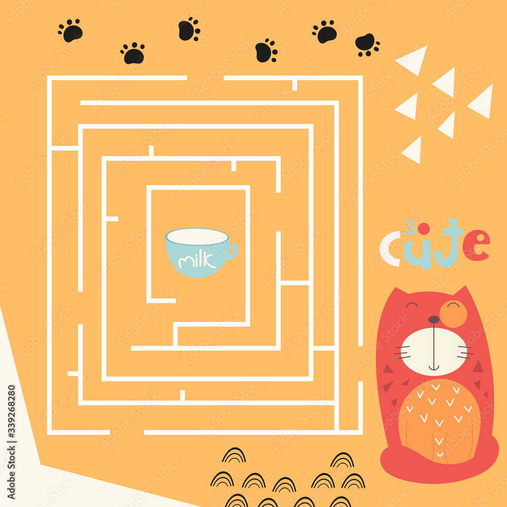 Maze game for little one. Help the cat get to milk bowl. Vector ...