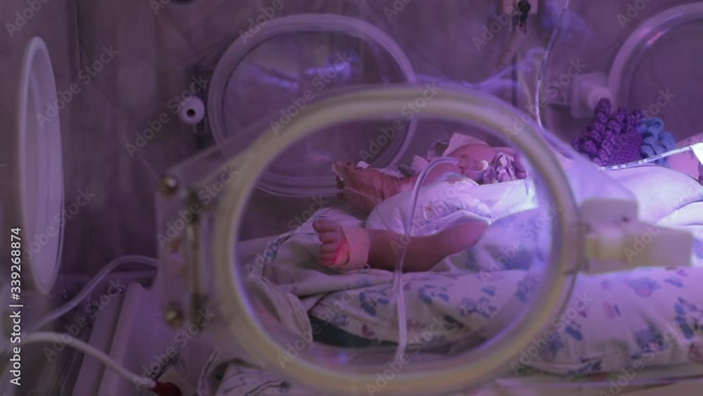 Baby feet and hand in incubator window, close up. A newborn baby in the ...