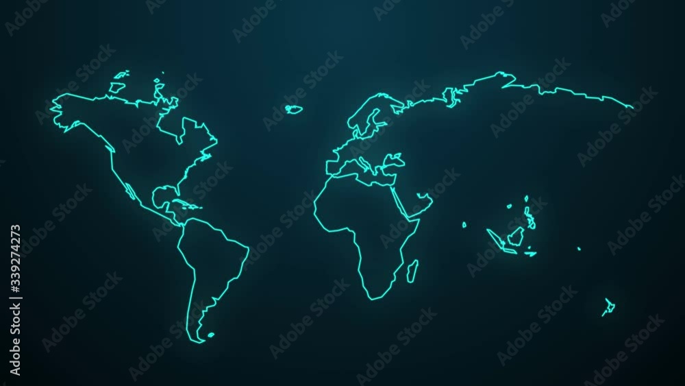 neon world map abstract hand drawn business concept blue light effect ...