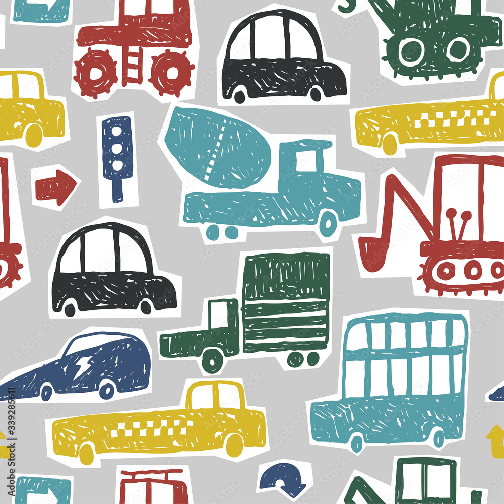 Seamless cut out style pattern with hand drawn cars and road sign ...