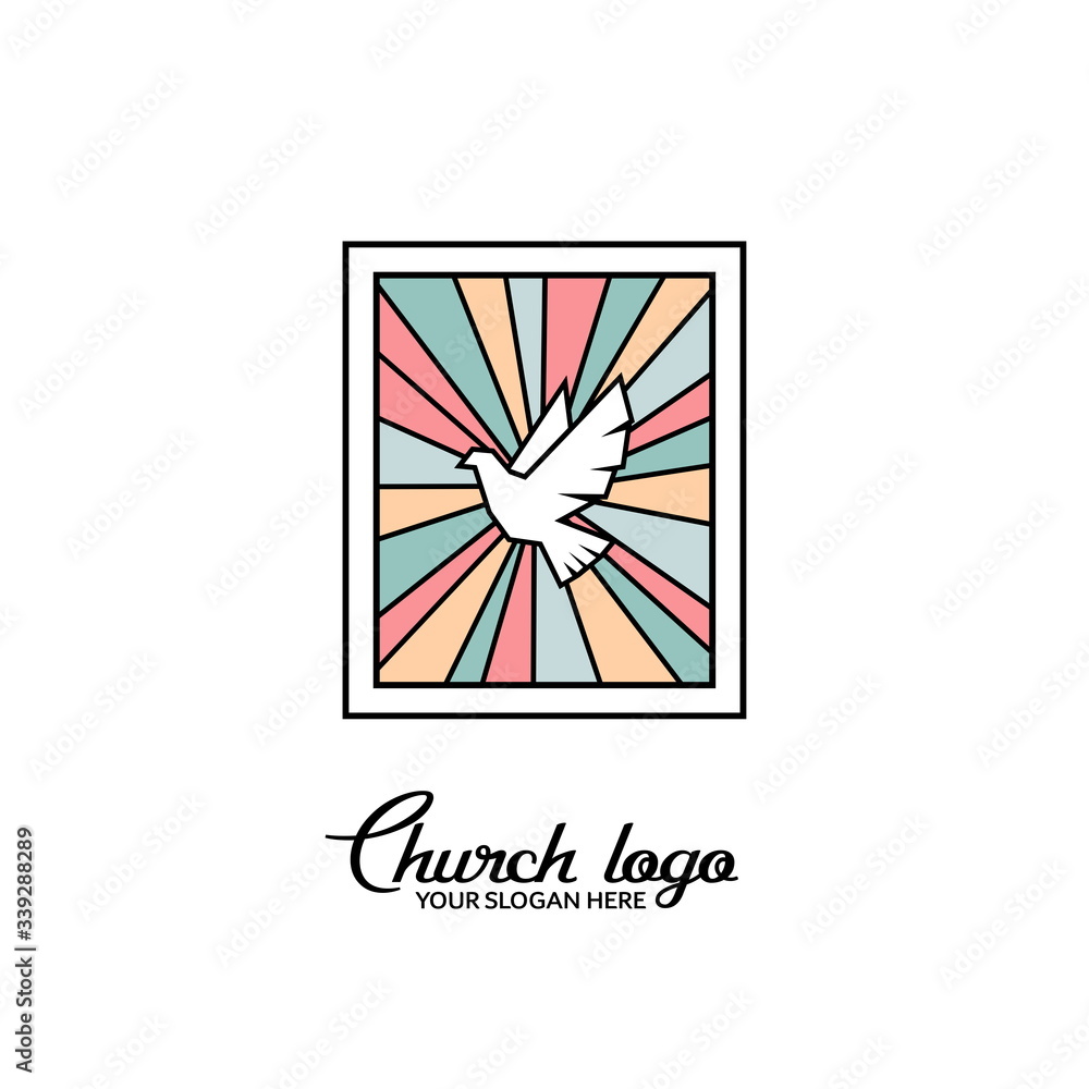 Church logo. Christian symbols. Dove on the background of stained glass ...