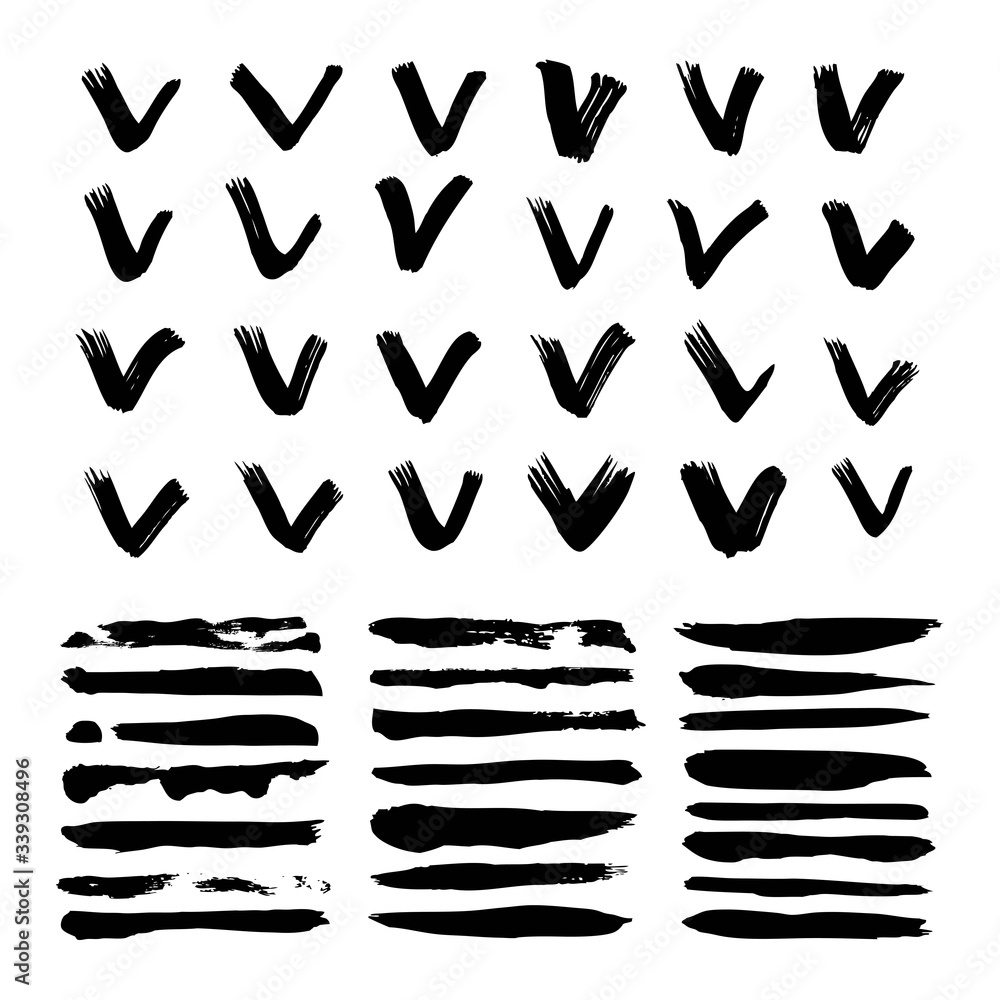 Set of check marks and straight lines drawn with thick black paint and ...