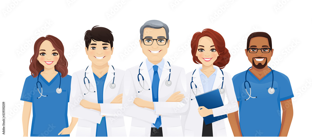 Multiethnic doctor team group with leader isolated vector illustration ...