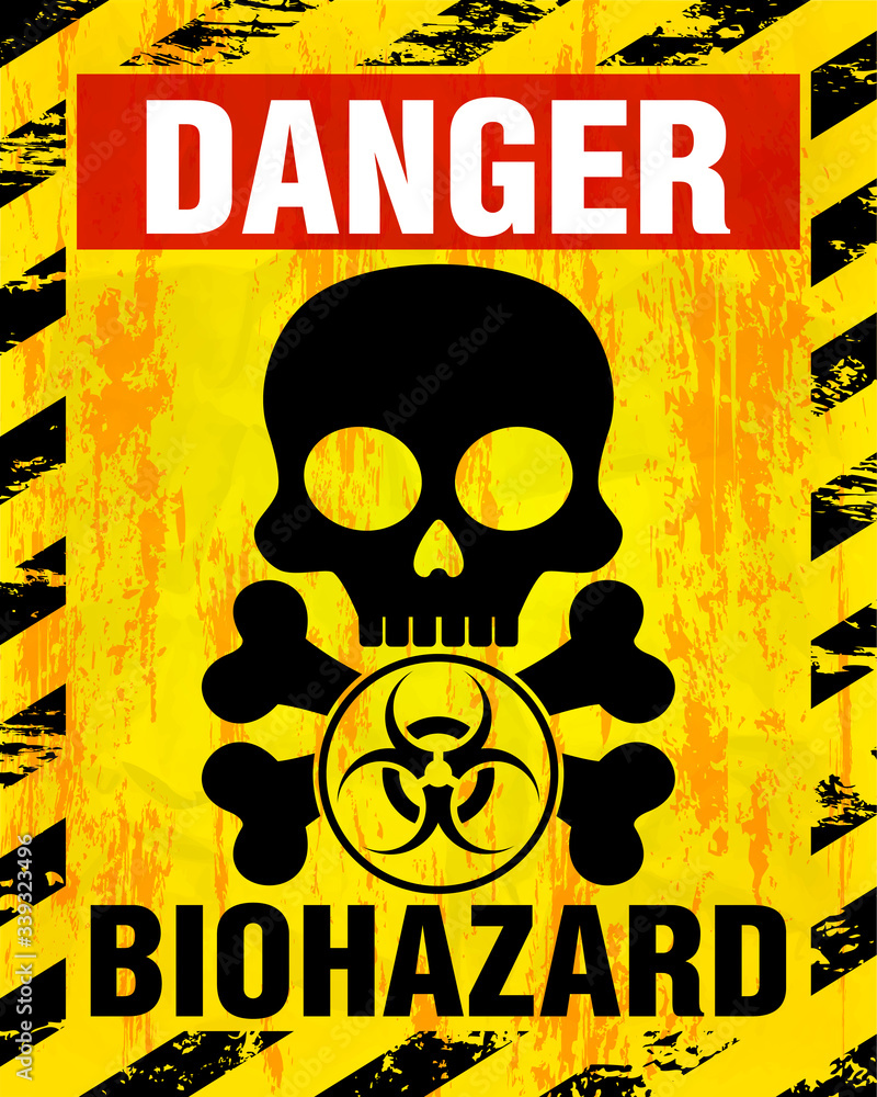 Danger Biohazard warning label sign, skull icon. Infected Specimen ...