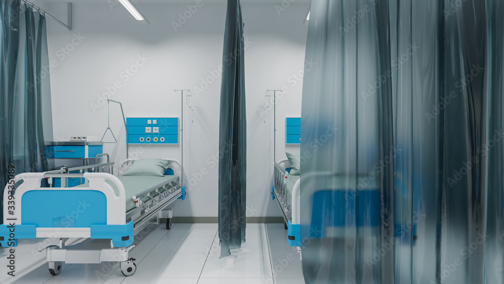 Empty Patient Beds Inside an Illuminated Hospital Ward 3D Rendering ...