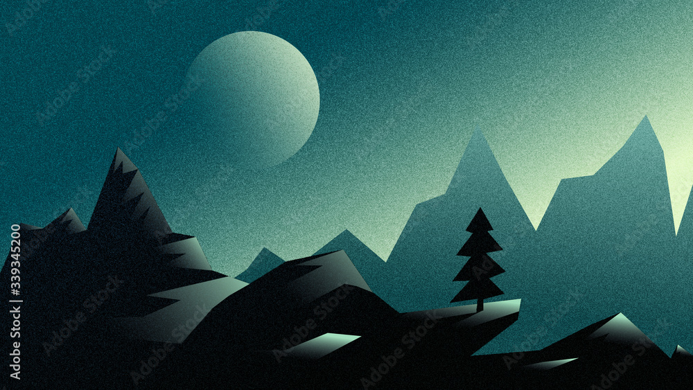 Dark nature scene. Mystical landscape with mountains, a tree and a big ...