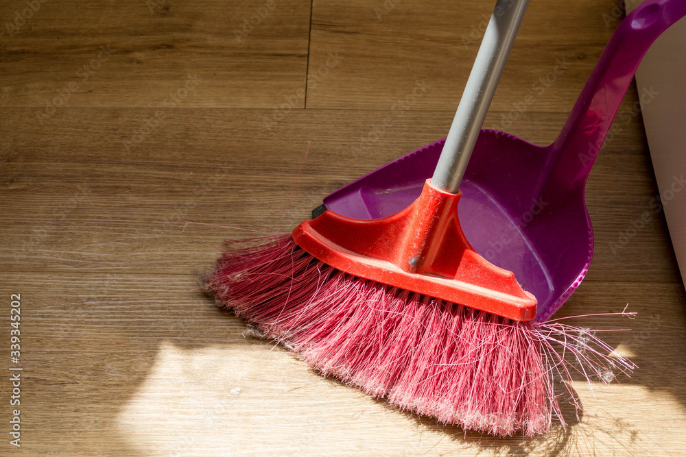 Tools for cleaning the house. A red sweeping brush with artificial ...