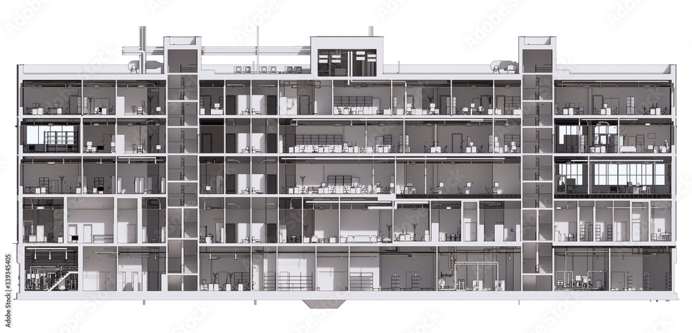 Section view of the interior room space of building without a front ...