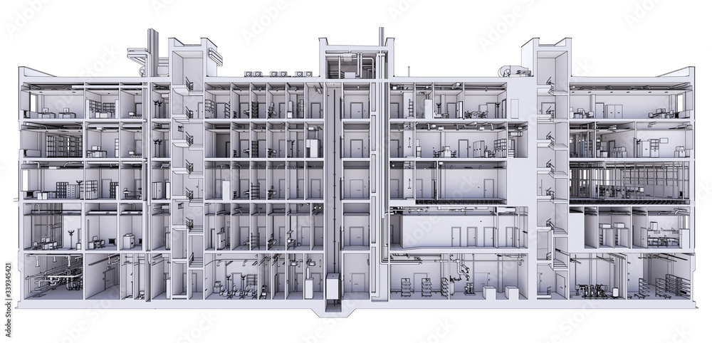 Section view of the interior room space of building without a front ...