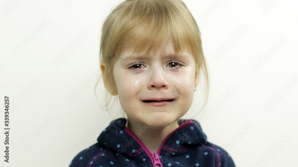 Portrait of little child girl crying with tears on her eyes. White ...