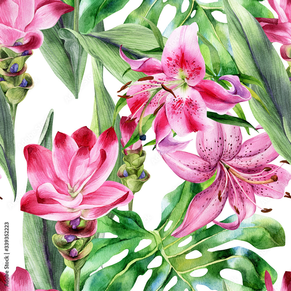 Watercolor seamless pattern with hand painted curcuma, turmeric flowers ...