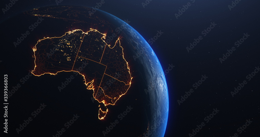 Australia map outline view from space, globe planet earth, red glow ...