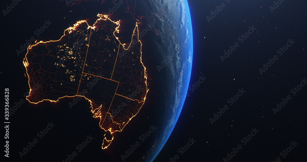 Australia map outline view from space, globe planet earth, red glow ...