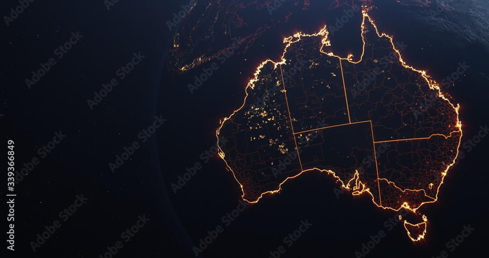 Australia map outline view from space, globe planet earth, red glow ...