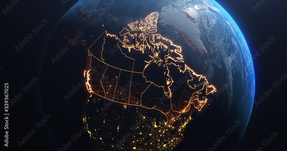 Canada map outline view from space, globe planet earth, red glow color ...