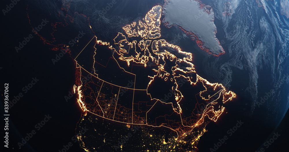 Canada map outline view from space, globe planet earth, red glow color ...