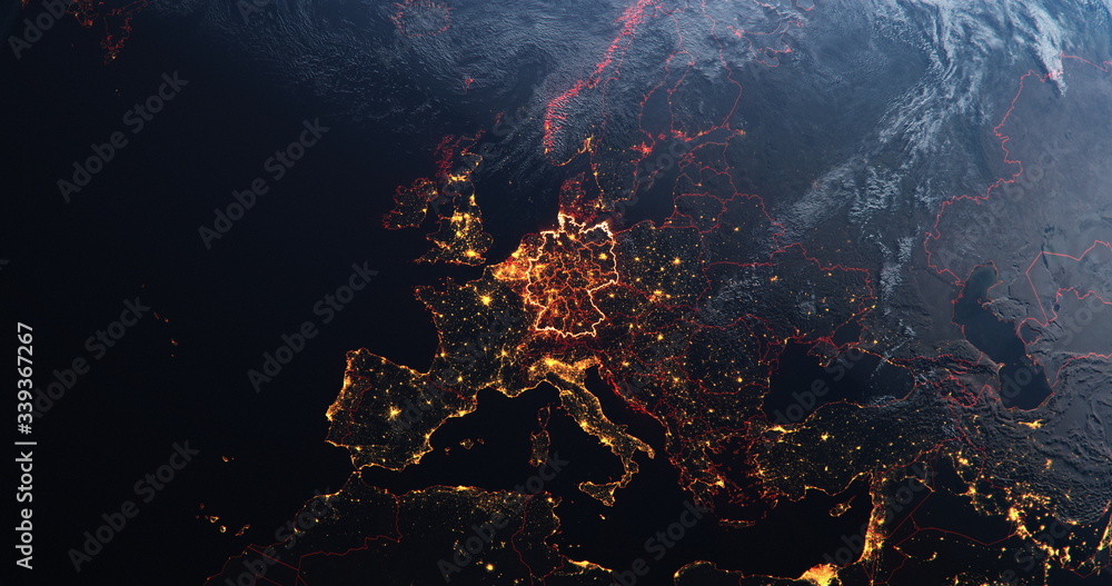 Germany map outline view from space, globe planet earth, red glow color ...