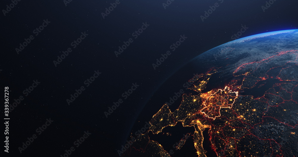 Germany map outline view from space, globe planet earth, red glow color ...