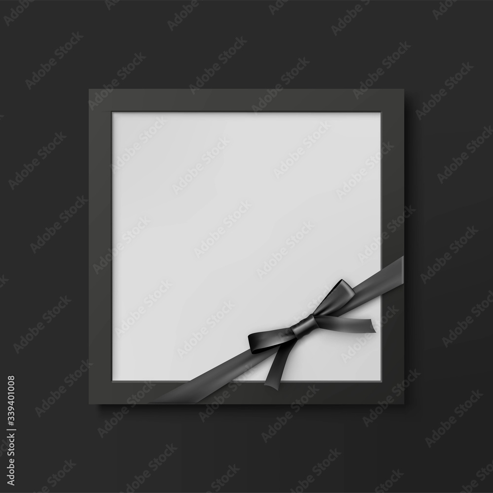 Mourning photo frame mockup with black ribbon bow. Funeral ceremony and ...