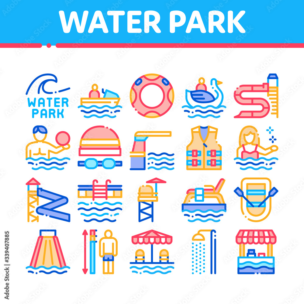 Water Park Attraction Collection Icons Set Vector. Swimming Wear And ...