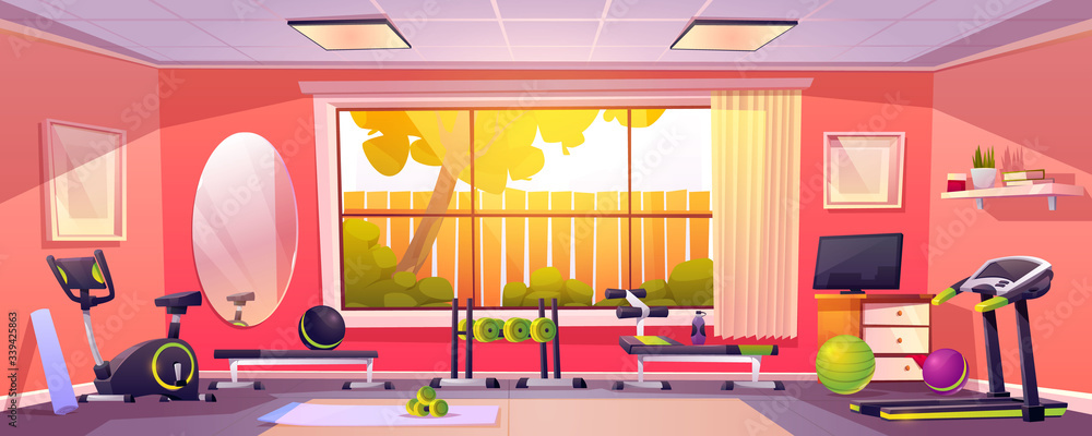 Gym at home, empty room with sports fitness equipment. Domestic ...