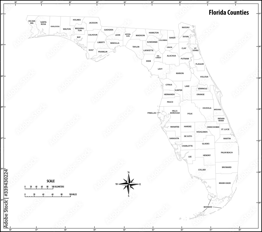 florida state outline administrative and political map in black and ...