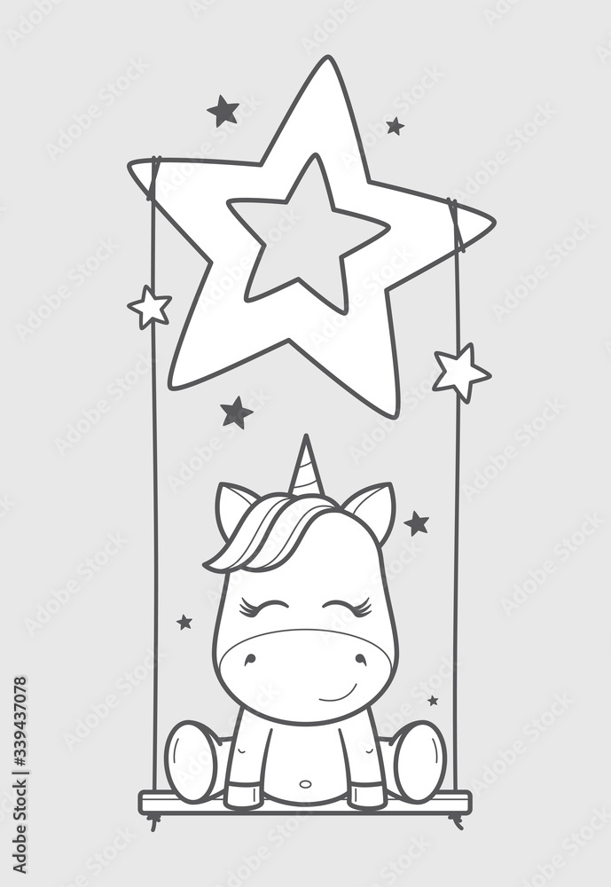 Vector black line sitting baby unicorn on a swing. Holding flower ...