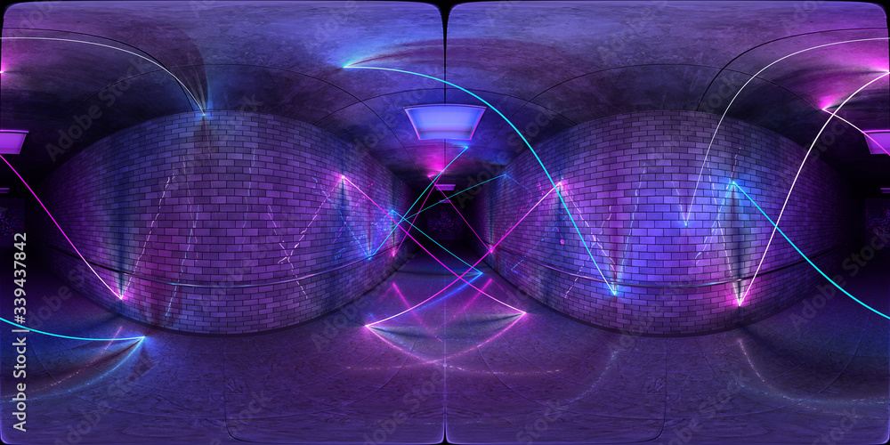 Futuristic HDRI underground interior with glowing blue and pink neon ...
