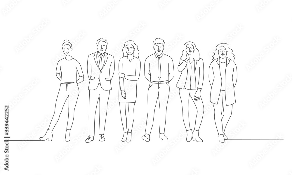 Line drawing vector illustration of people standing in a row. Stock ...