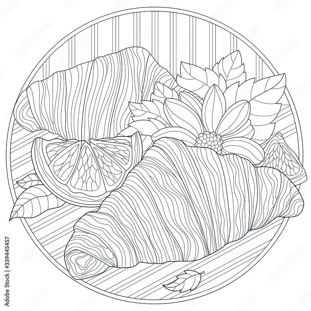Tasty croissants with orange and flower.Coloring book antistress for ...