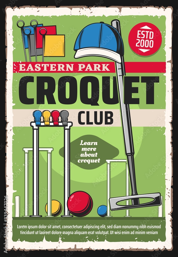 Croquet game sport tournament vector vintage retro poster. Croquet ...