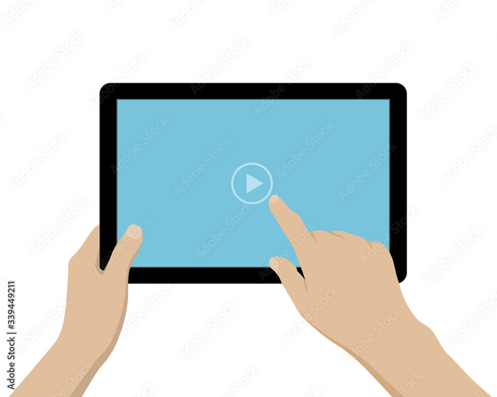 Cartoon illustration of hand holding tablet with screen and media ...