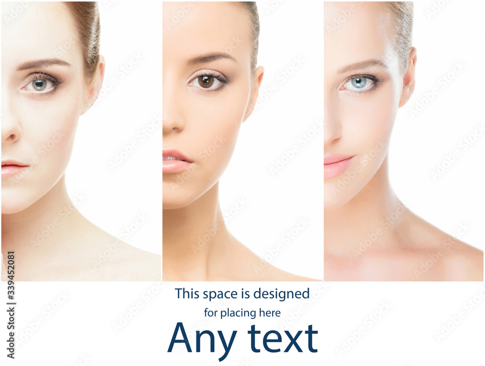 Female portraits in collage. Faces of young and beautiful women. Skin ...