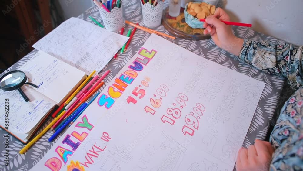 Adapt life to quarantine COVID 19. Kindergarten teacher draws with ...