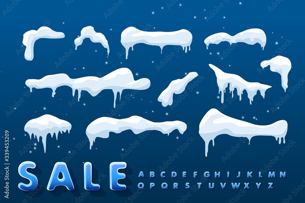 Set of isolated snow cover. Snow elements on a winter background ...