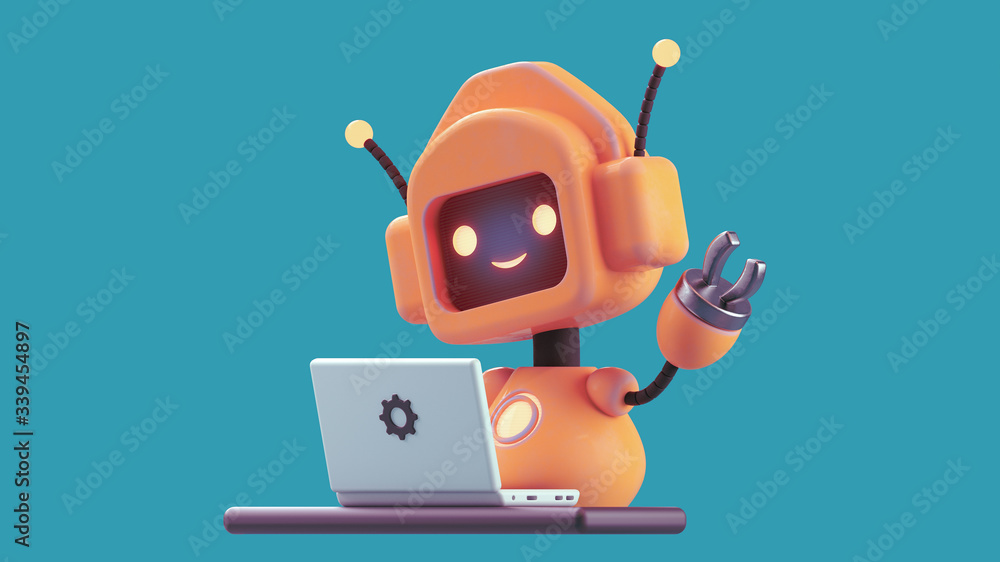Friendly positive cute cartoon orange robot with smiling face waving ...