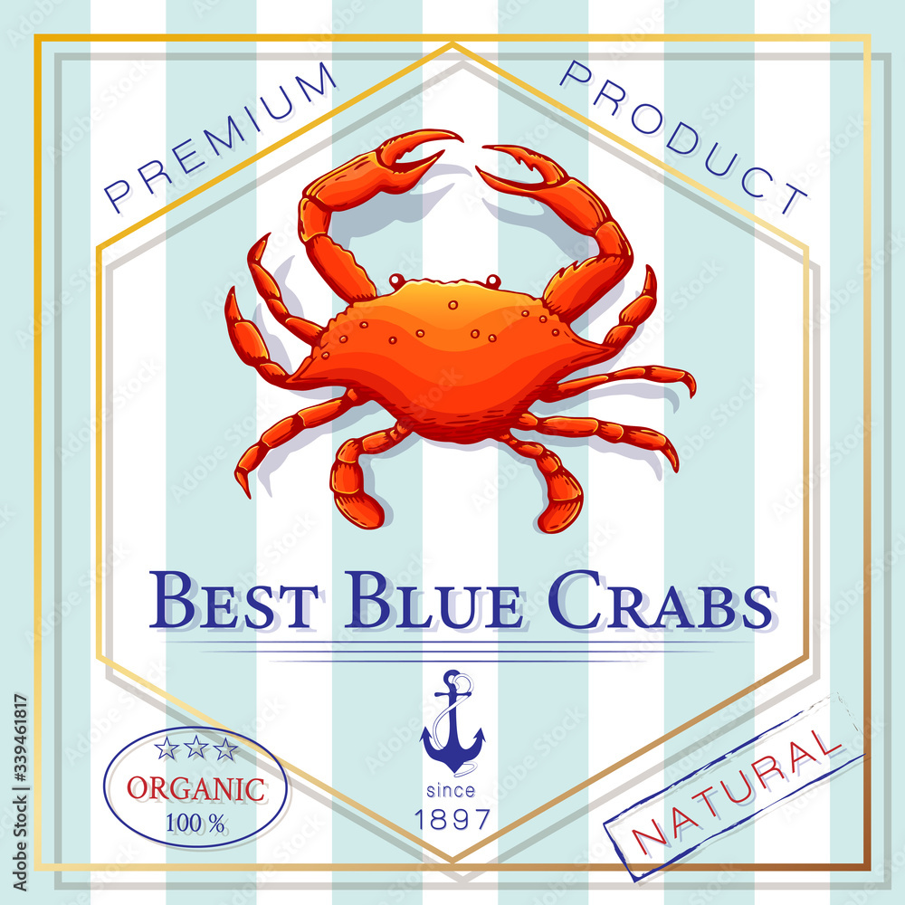seafood label or blue crab banner. Vintage vector sea food badge or ...