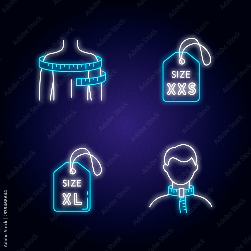 Clothing size tags and body measuring neon light icons set. XS and XXL ...